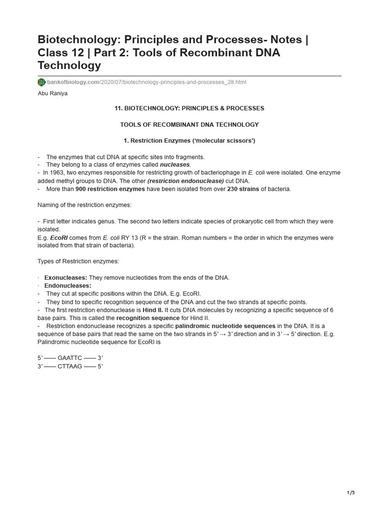 Biotechnology Principles and Processes - Notes Class 12 Part 2 Tools of ...