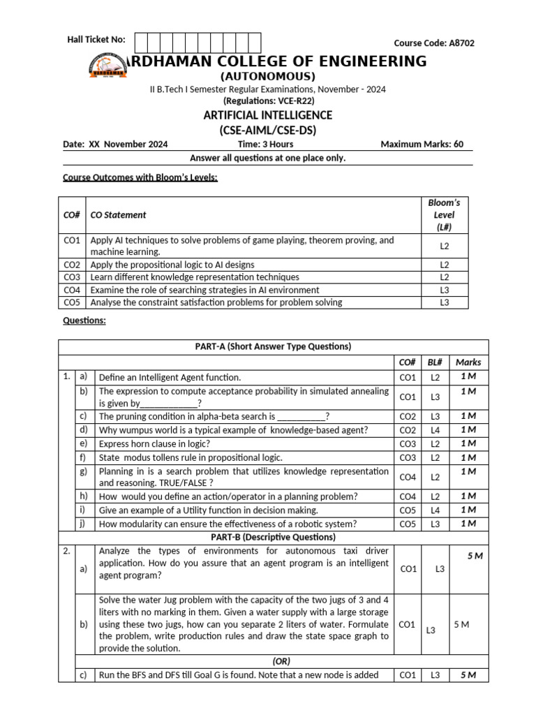 2024 - A8702 - II B.Tech I Sem Model Paper-VCER22 | PDF | Artificial Intelligence | Intelligence ...