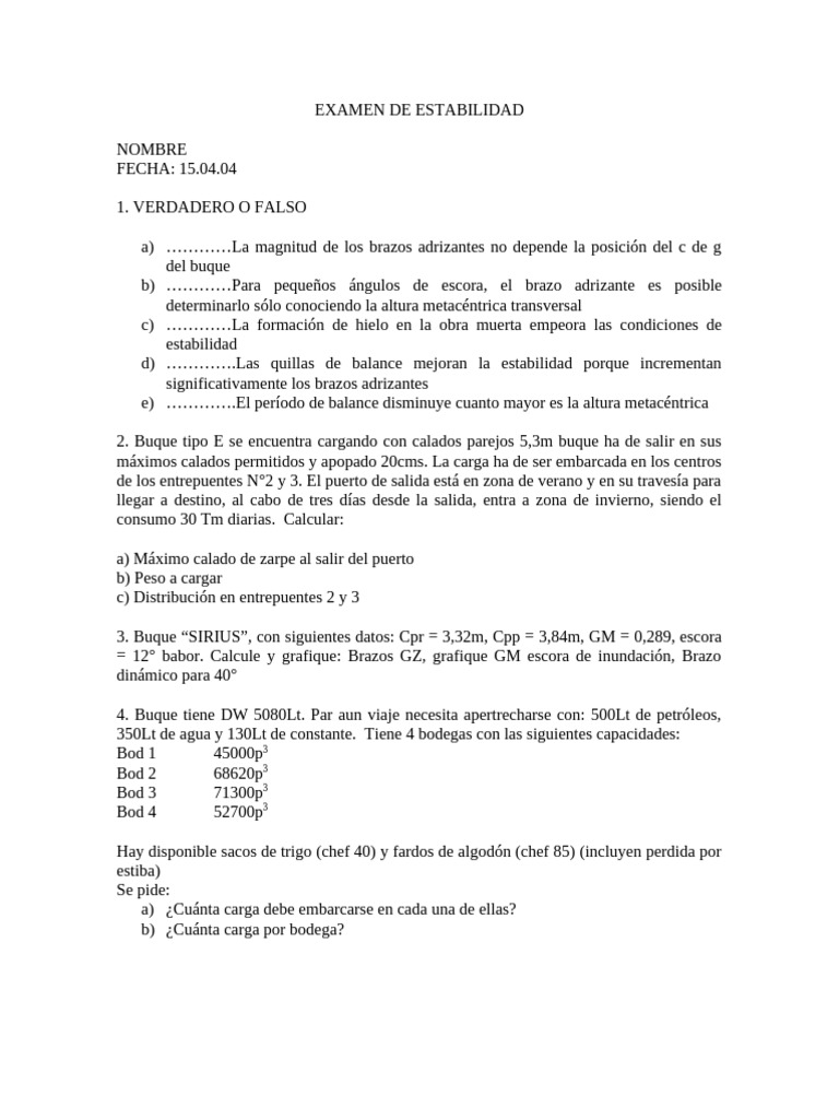 Examen de Estabilidad de Buques | PDF