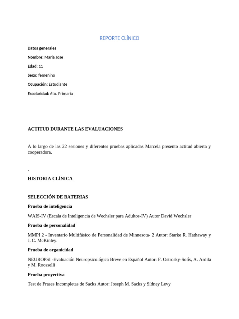 EJEMPLO DE REPORTE CLINICO | PDF | Memoria | Atención
