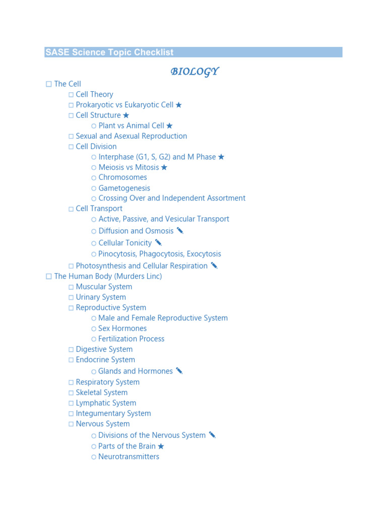 SASE Study Guide - Science Topic Checklist | PDF | Chemistry | Force