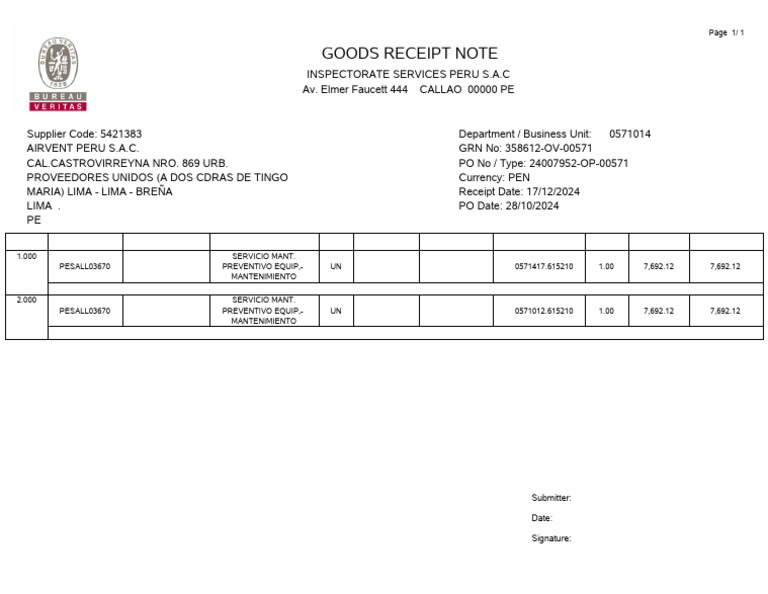 GOOD RECEIPT NOTE PURCHASE ORDER NO 24007952 | PDF