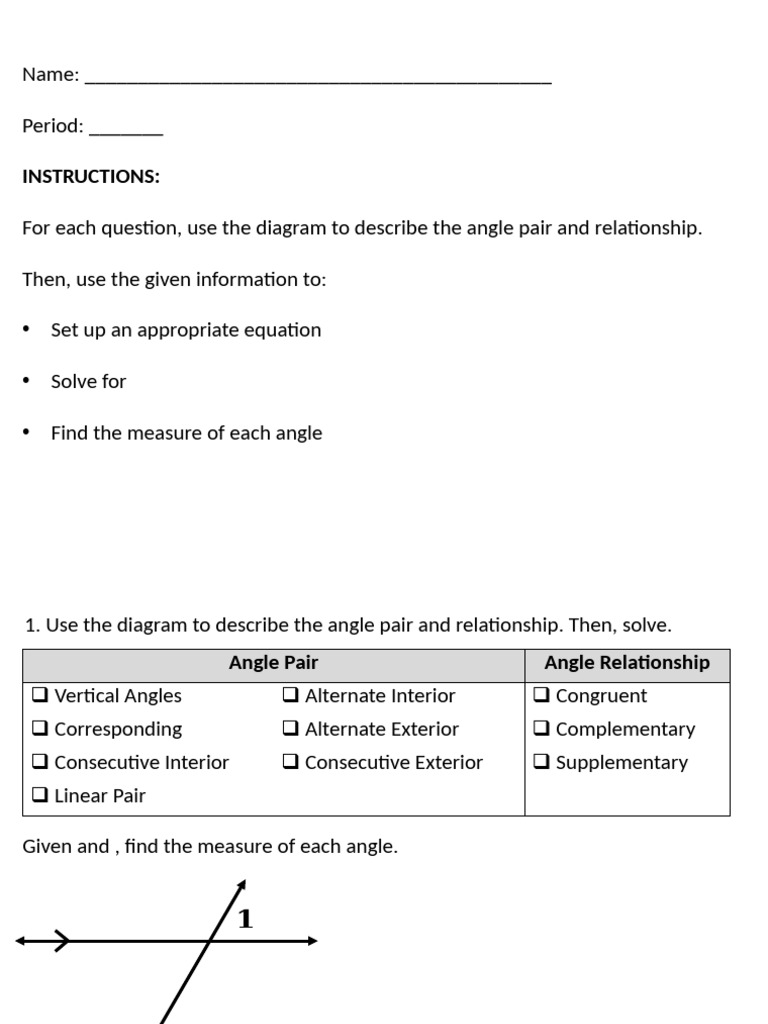 Angle Pairs Practice | PDF | Angle | Euclidean Geometry