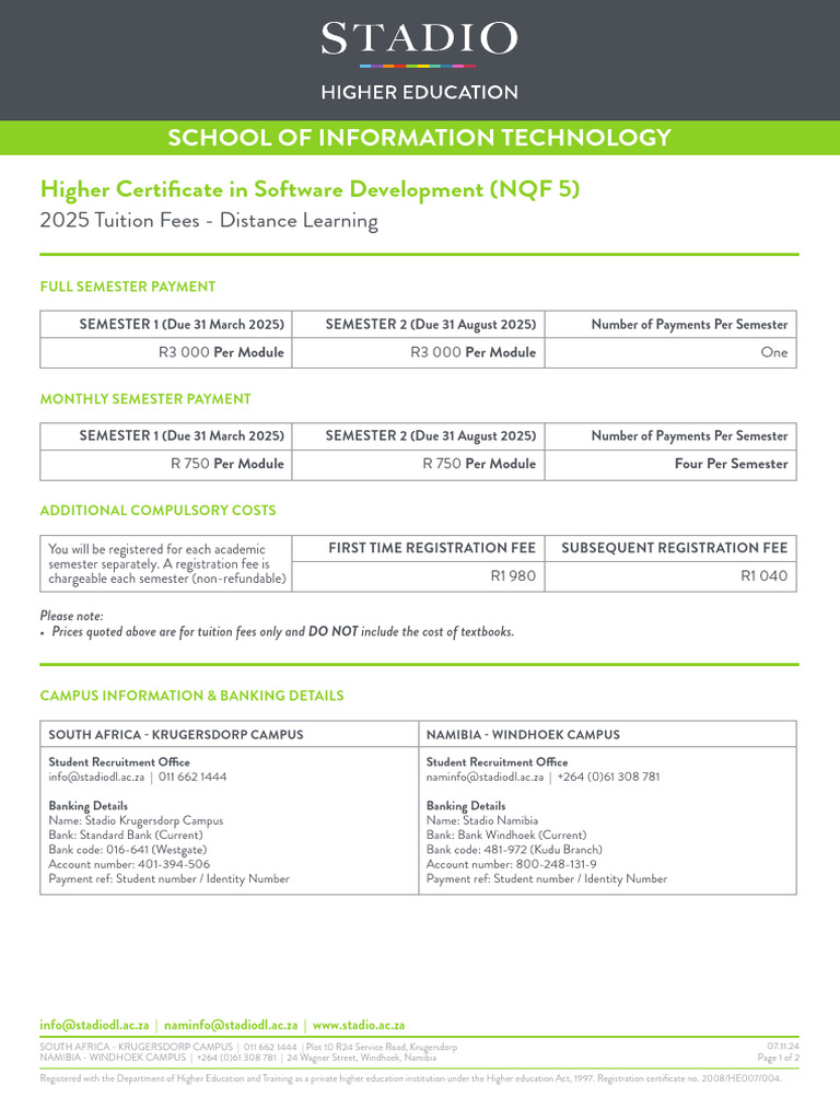 STADIO SOIT DL Certificate Software Development Fees 2025 | PDF