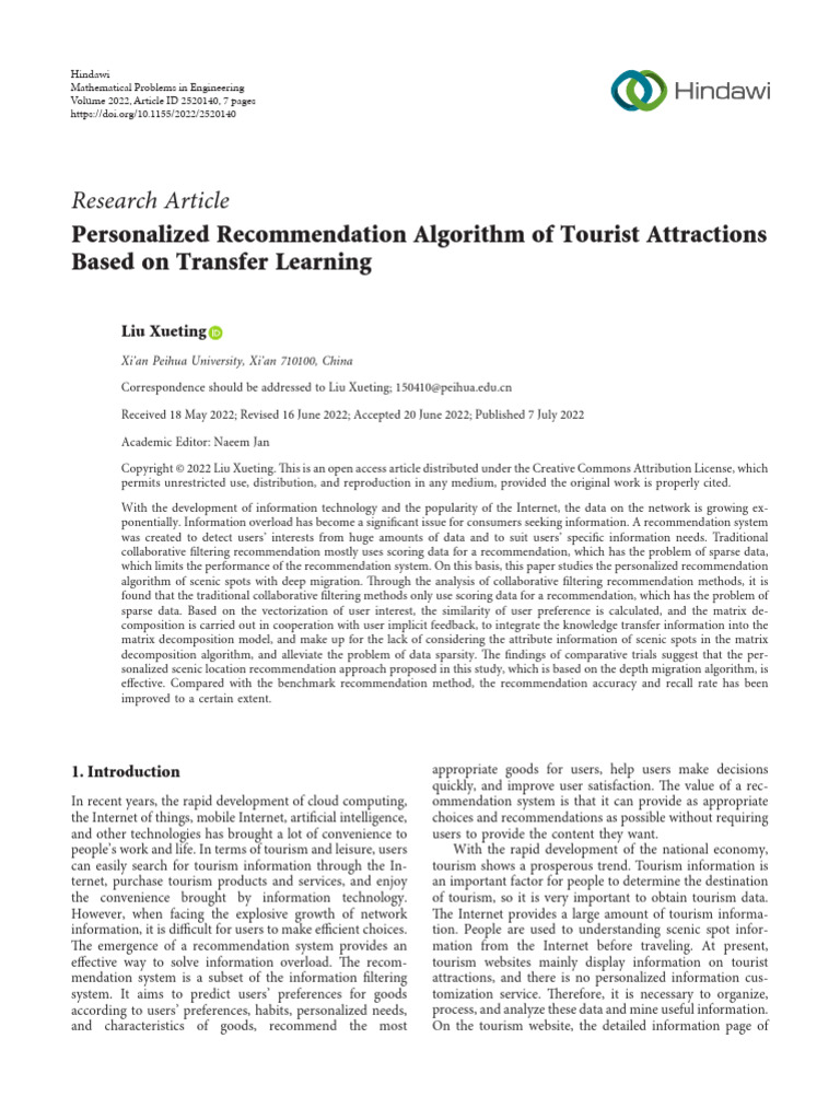 Personalized Recommendation Algorithm Of Tourist Attractions Pdf Statistical Classification