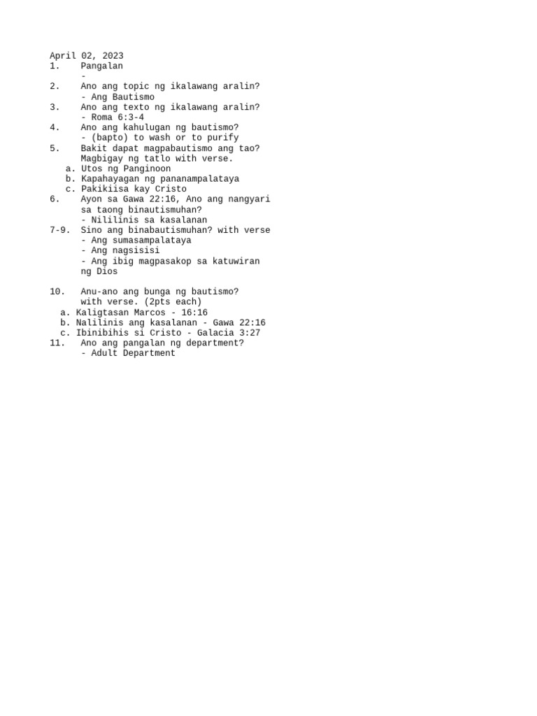 April 02 2023 Adult Department Quiz | PDF