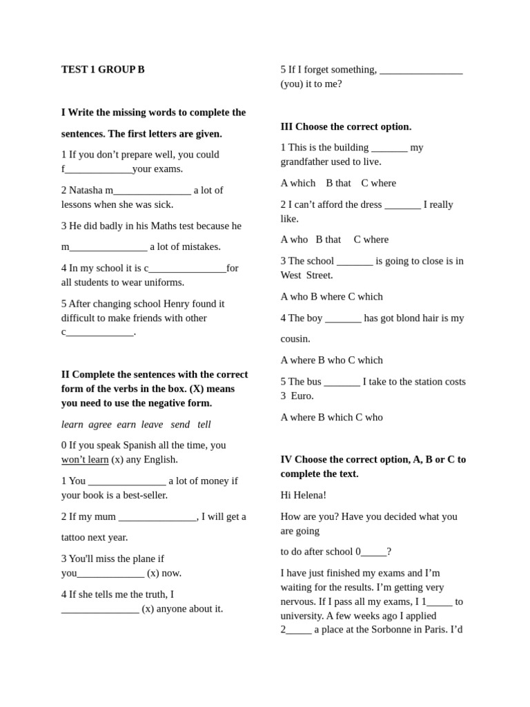 Test 1 Group B | PDF | Linguistics | Grammar