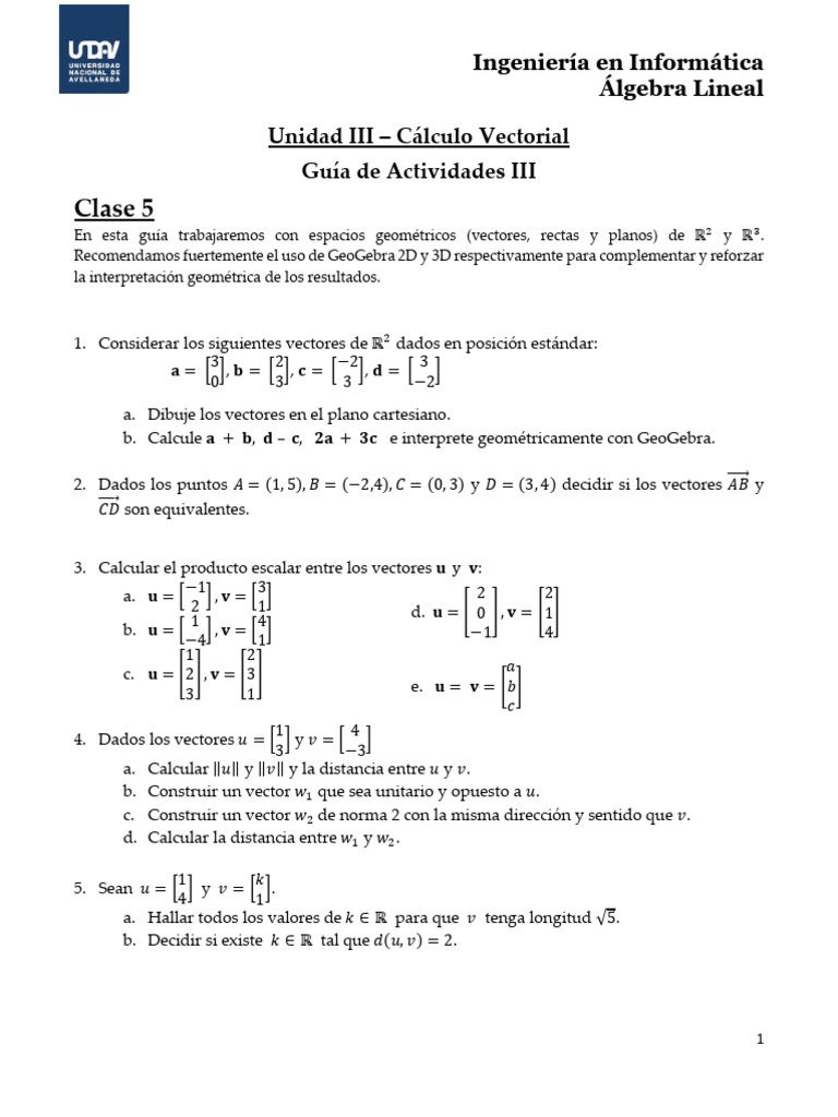 Unidad III - Guía de Actividades - 2c 2024 | PDF | Espacio vectorial ...