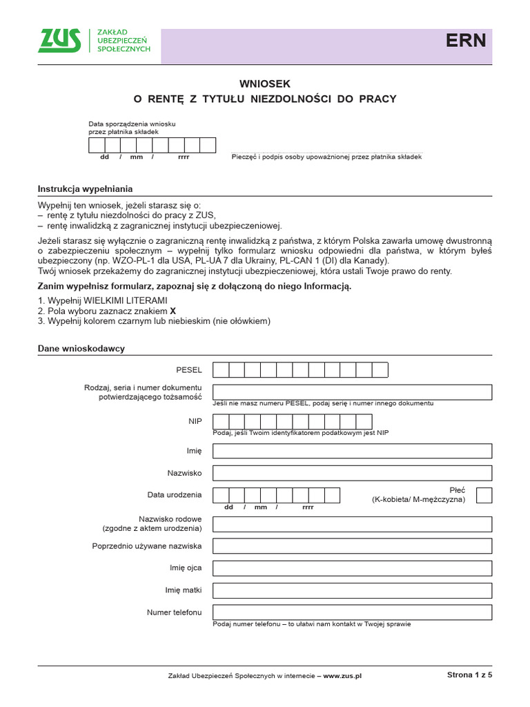 1 Wniosek o Rente Z Tytulu Niezdolnosci Do Pracy Ern 2019 | PDF