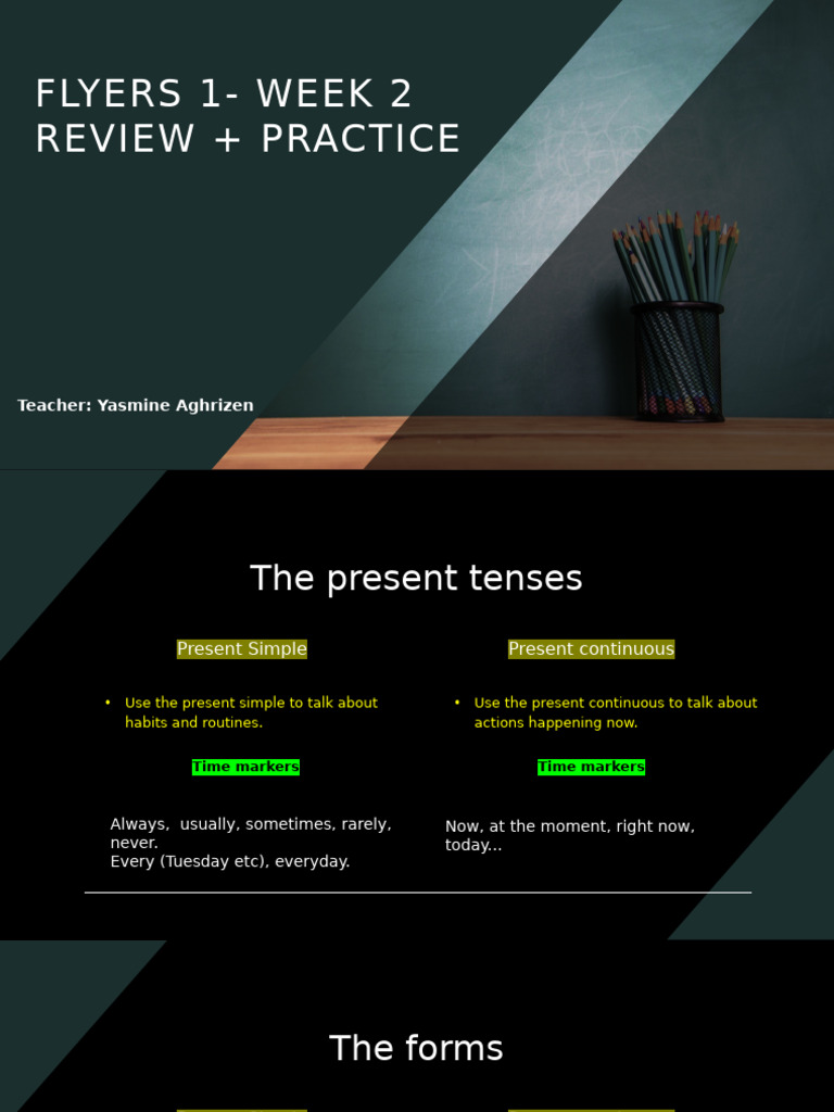 Flyers 1 - Week 2 Review + Practice - Teln | PDF | Verb | Linguistic Typology