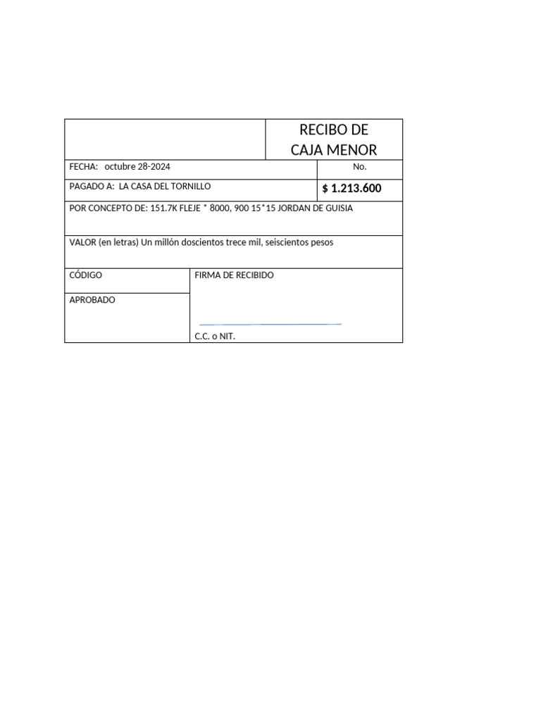 Ejemplo De Recibo De Caja Menor