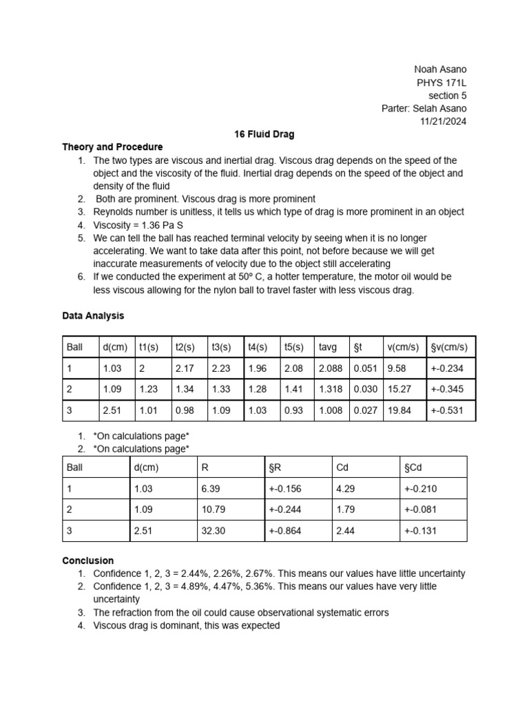 Asano, Noah - 16 Fluid Drag | PDF | Viscosity | Drag (Physics)