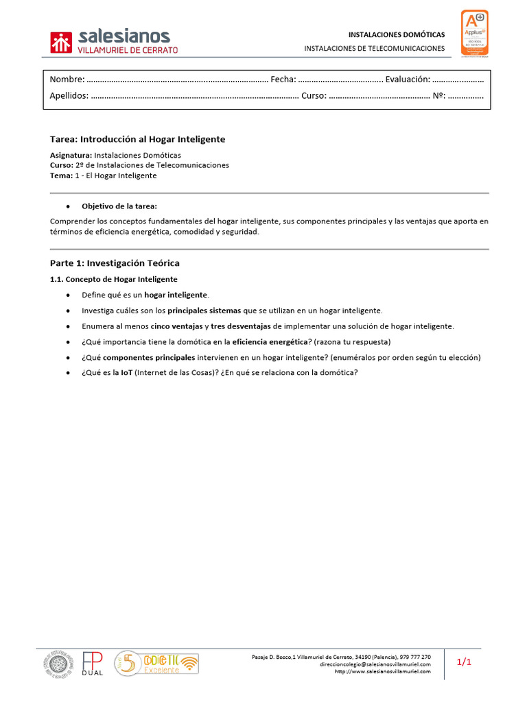 Tarea 1 - Introducción Al Hogar Inteligente - Primera Parte | PDF