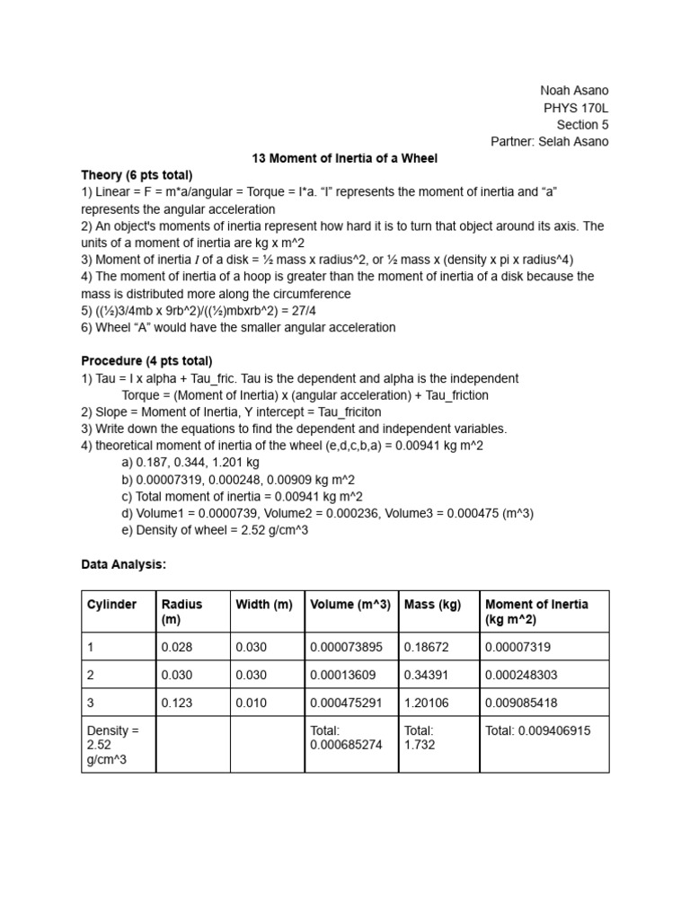 Physics Lab: Wheel Inertia Analysis | PDF | Torque | Physical Quantities