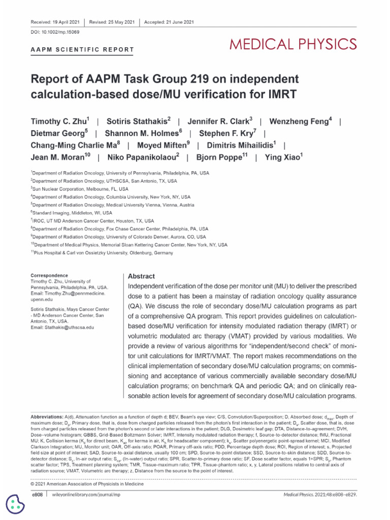 TG 219 On Independent Calculation Based Dose - MU Verification For IMRT ...