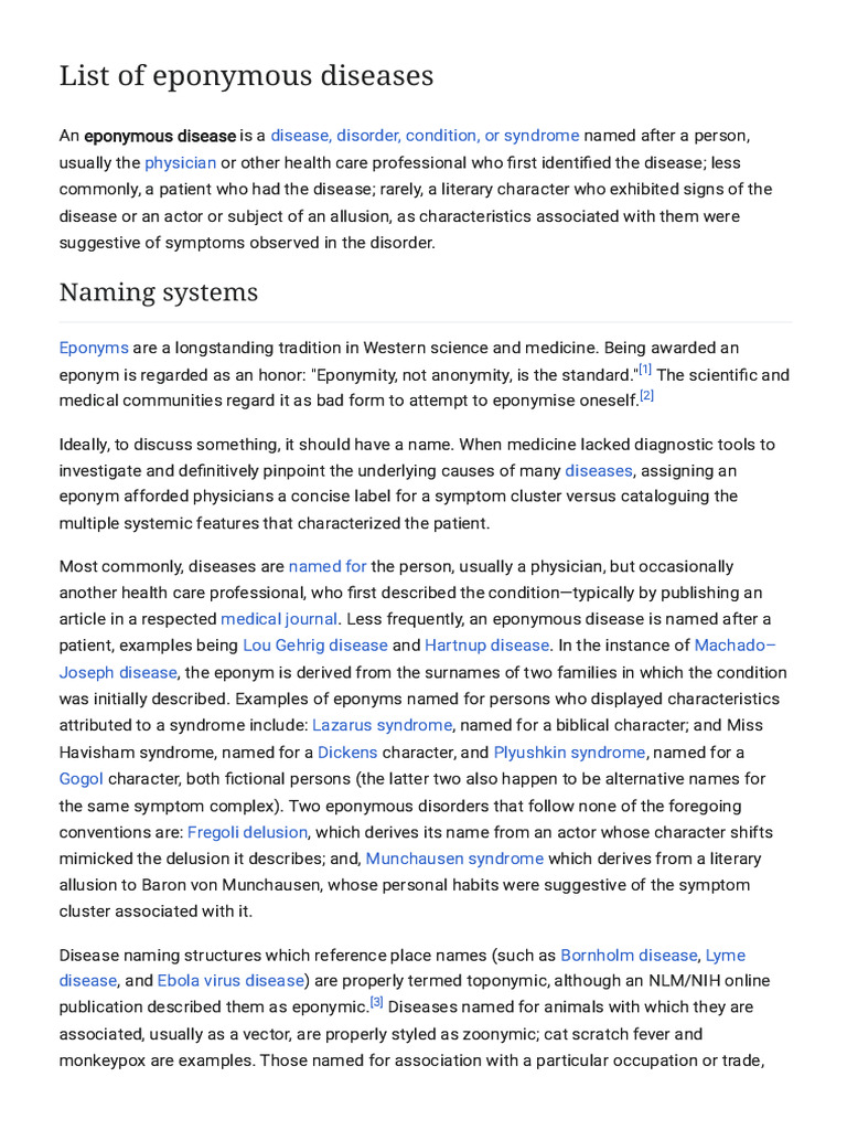 List of eponymous diseases - Wikipedia | PDF | Medicine | Health Care