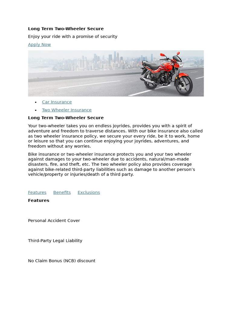 Long Term Two-Wheeler Secure | PDF | Vehicle Insurance | Insurance