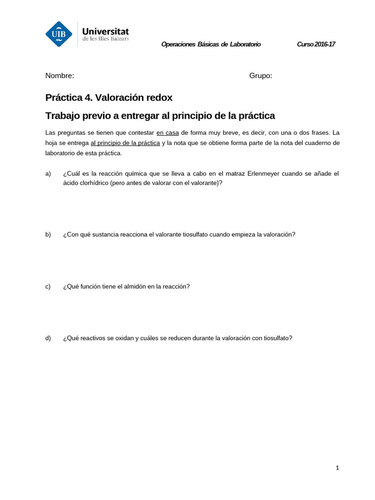 P4. - Trabajo Previo en Casa (Valoracio Ün Redox) | PDF