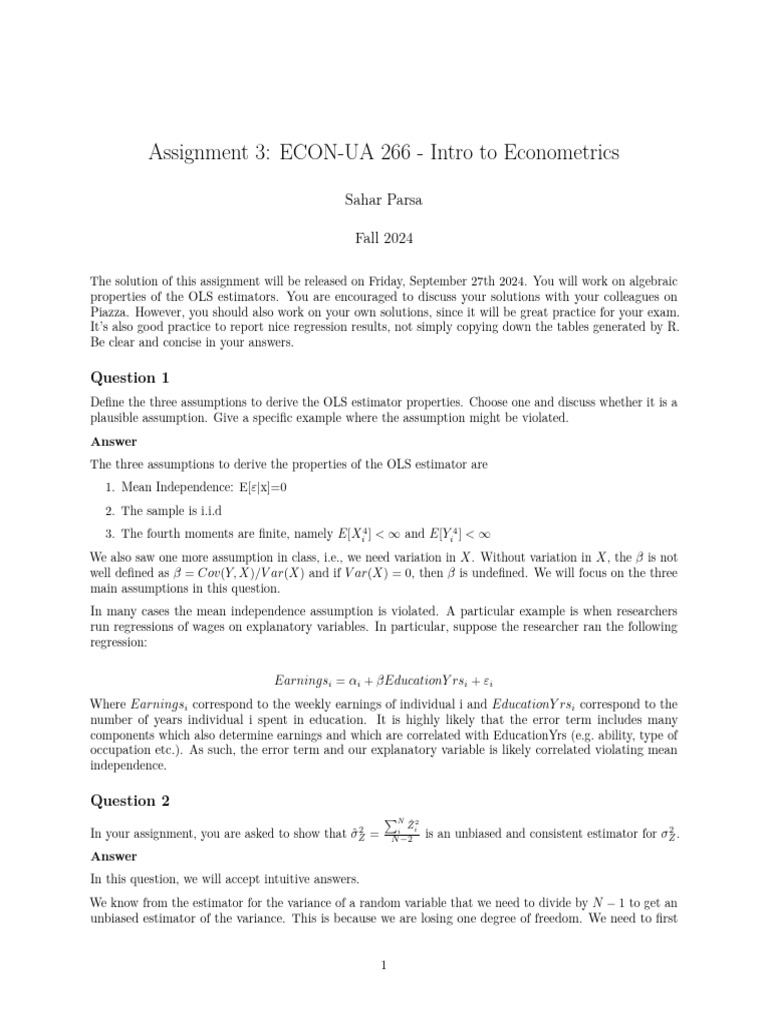 Assignment3SolNew_Fall2024 (1) | PDF | Ordinary Least Squares | Regression Analysis