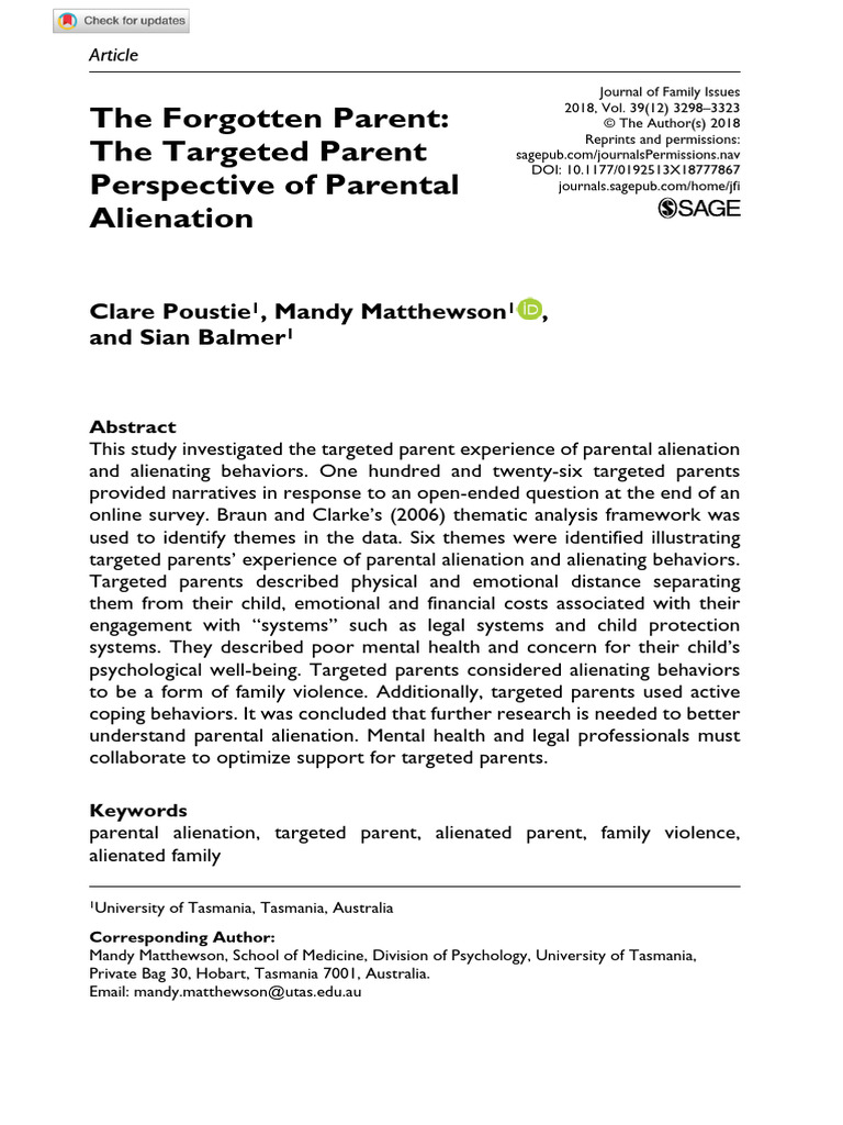 Poustie Et Al 2018 The Forgotten Parent The Targeted Parent Perspective ...