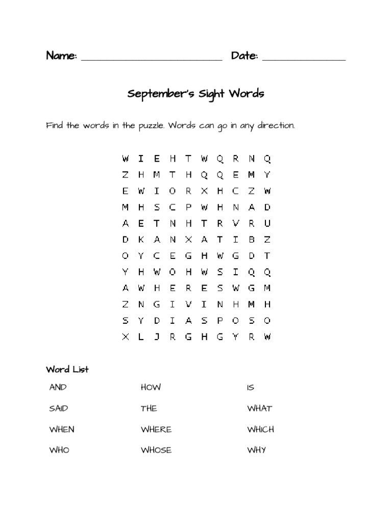 September Sight Words | PDF