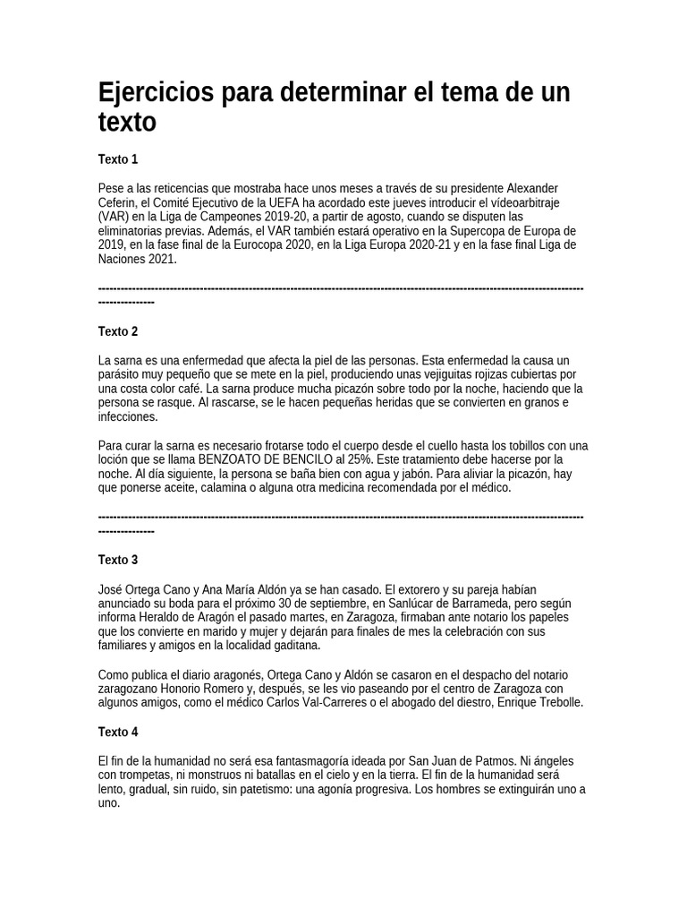 Ejercicios para identificar temas de textos | PDF | Comportamiento ...