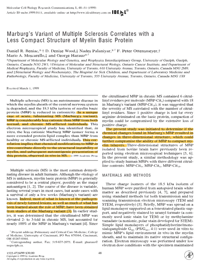 beniac 1999 Marburg’s Variant of Multiple Sclerosis Correlates with a ...