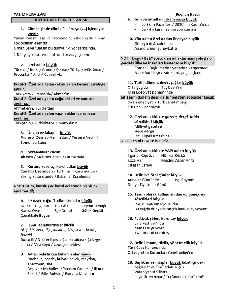 Yazım Kuralları DERS NOTU-2024 | PDF