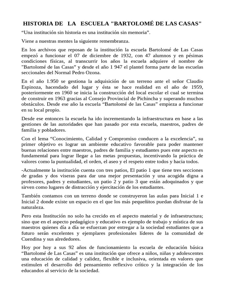 Historia de la Escuela Bartolomé de Las Casas | PDF