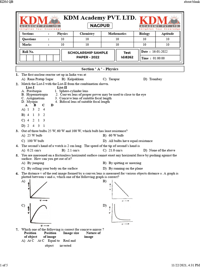 Scholarship Sample Paper 2022 | PDF | Chemical Reactions | Chemistry