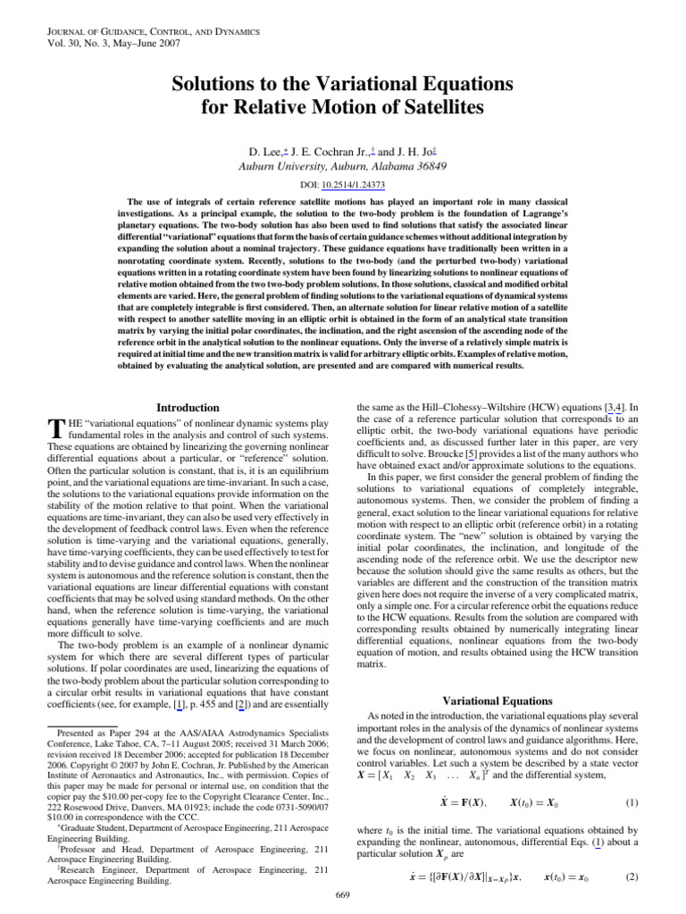 Solutions To The Variational Equations For Relative Motion of ...