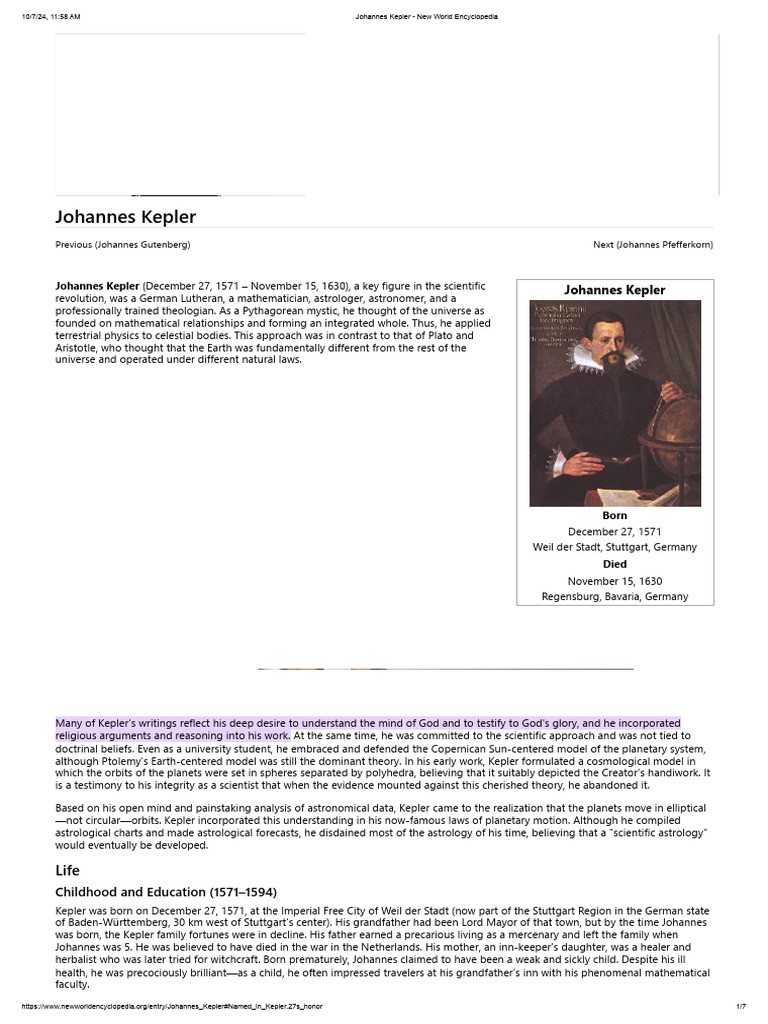 Johannes_Kepler_-_New_World_Encyclopedia | PDF | Johannes Kepler | Orbit