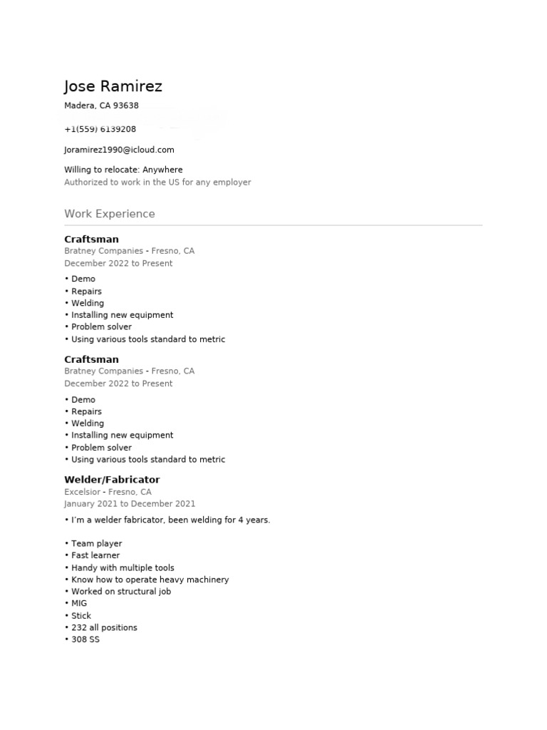 Skilled Craftsman and Welder Resume | PDF
