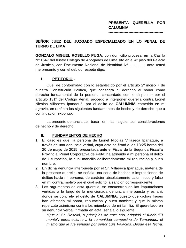 QUERELLA modelo | PDF | Queja | Derecho penal