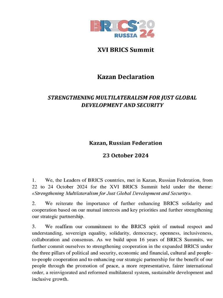 Brics Leaders Kazan Declaration 2024 Pdf