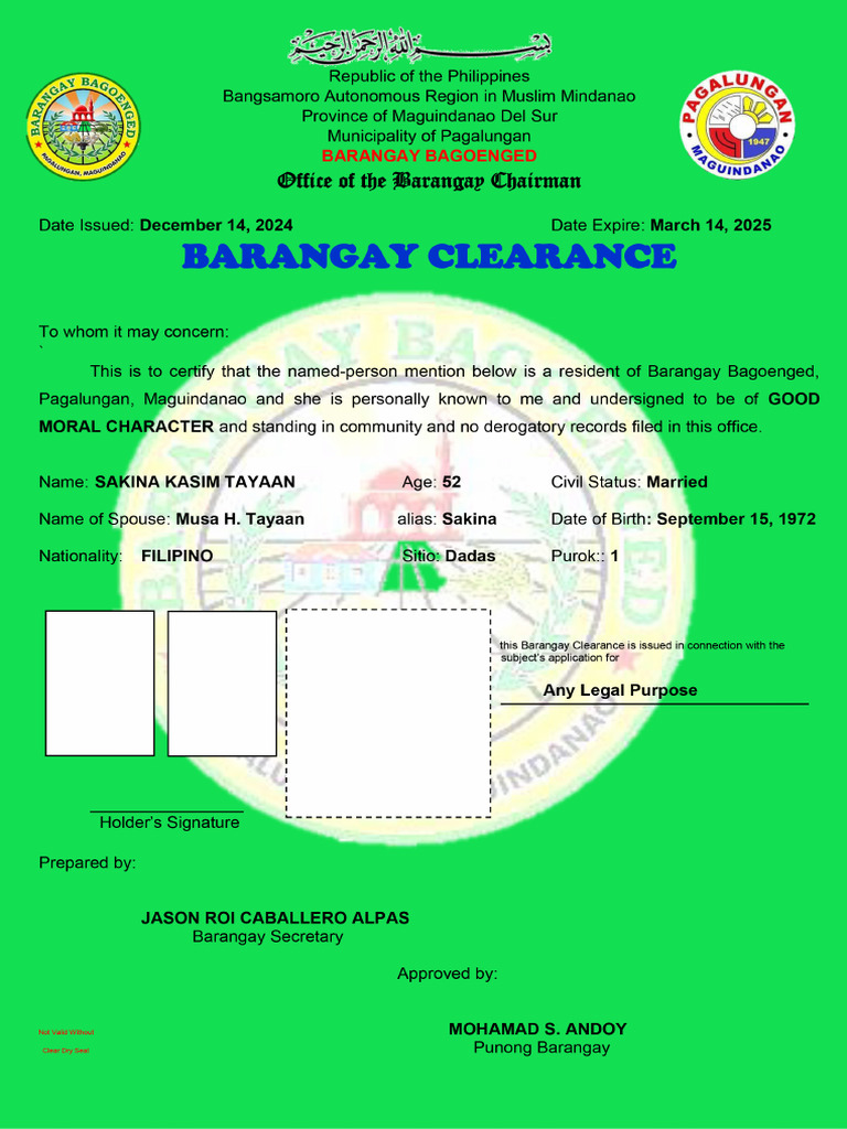 Barangay Clearance 1 | PDF