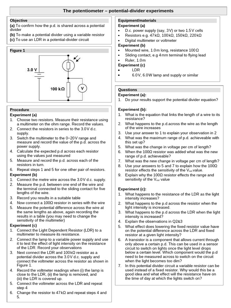 Potentiometer Experiments Guide | PDF | Resistor | Electrical Equipment