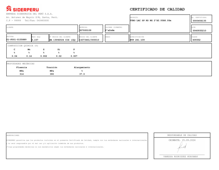 Certificado de Calidad: Constructora & Contratistas Generales Susan E.I.R.L | PDF