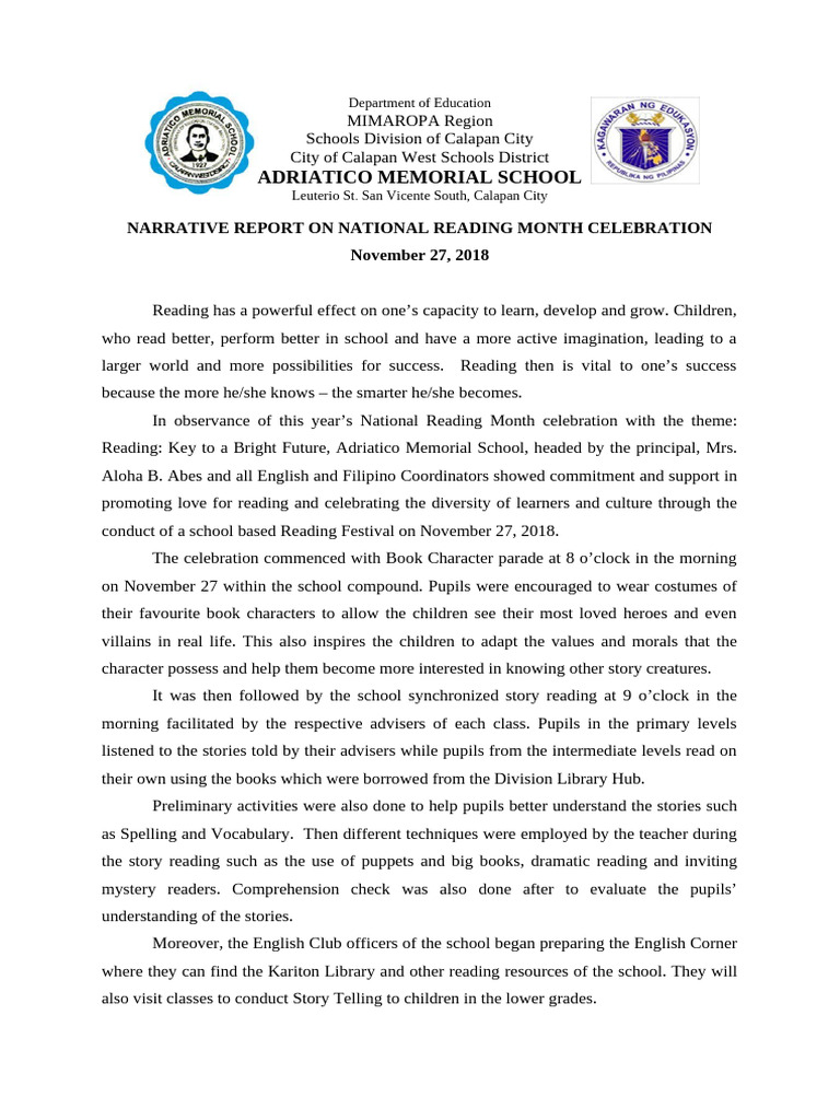 Narrative Report On 2018 National Reading Month | PDF | Learning