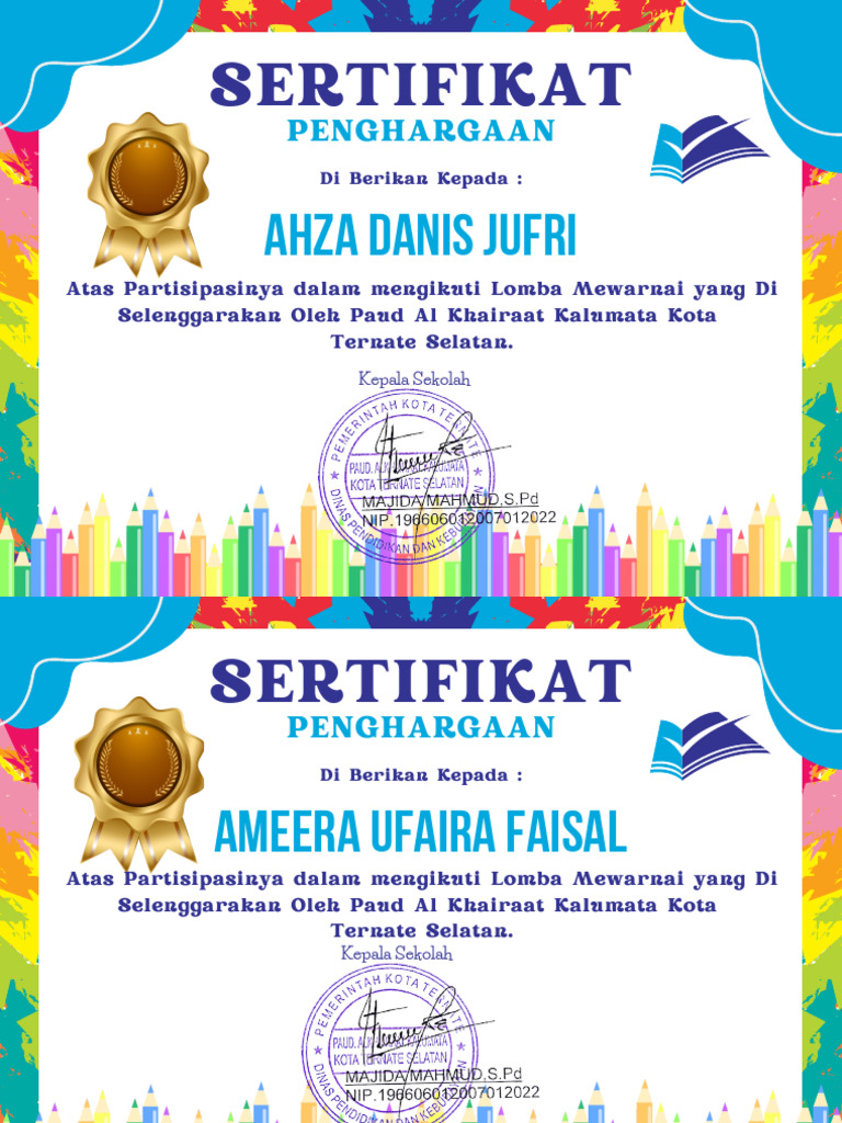 (Buat Banyak 1) Warna Warni Ceria Ilustrasi Sertifikat Penghargaan Lomba Mewarnai | PDF