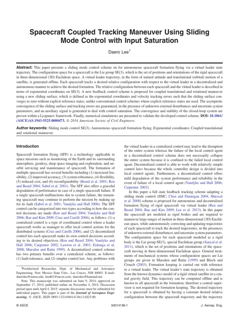 Spacecraft Coupled Tracking Maneuver Using Sliding Mode Control With Input Saturation Pdf