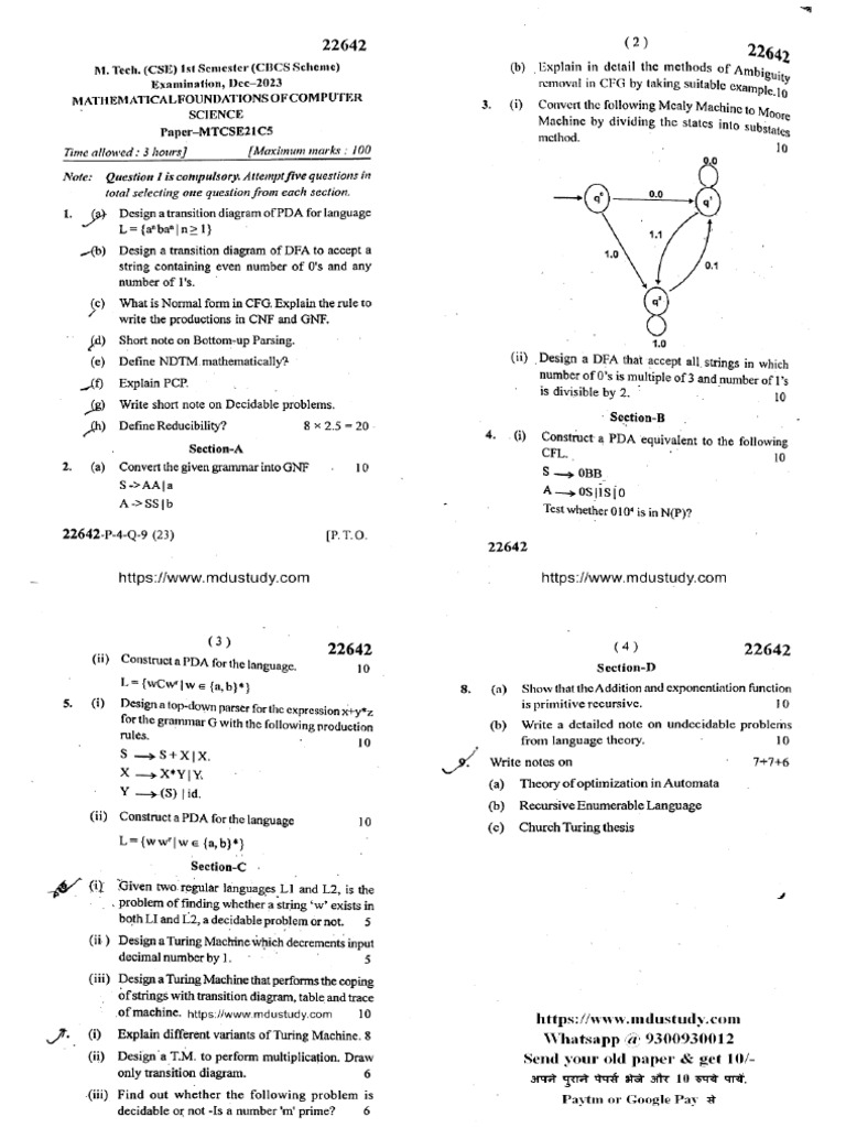 Mtech 1 Sem Cse Mathematical Foundations of Computer Science 22642 Dec 2023 | PDF