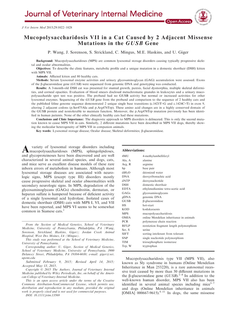 2015 WANG ET AL. Mucopolysaccharidosis VII in A Cat Caused by 2 ...