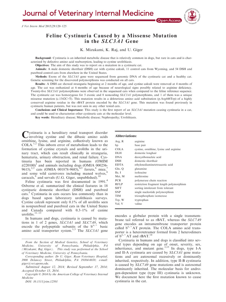 2015 MIZUKAMI ET AL. Feline Cystinuria Caused by A Missense Mutation in ...