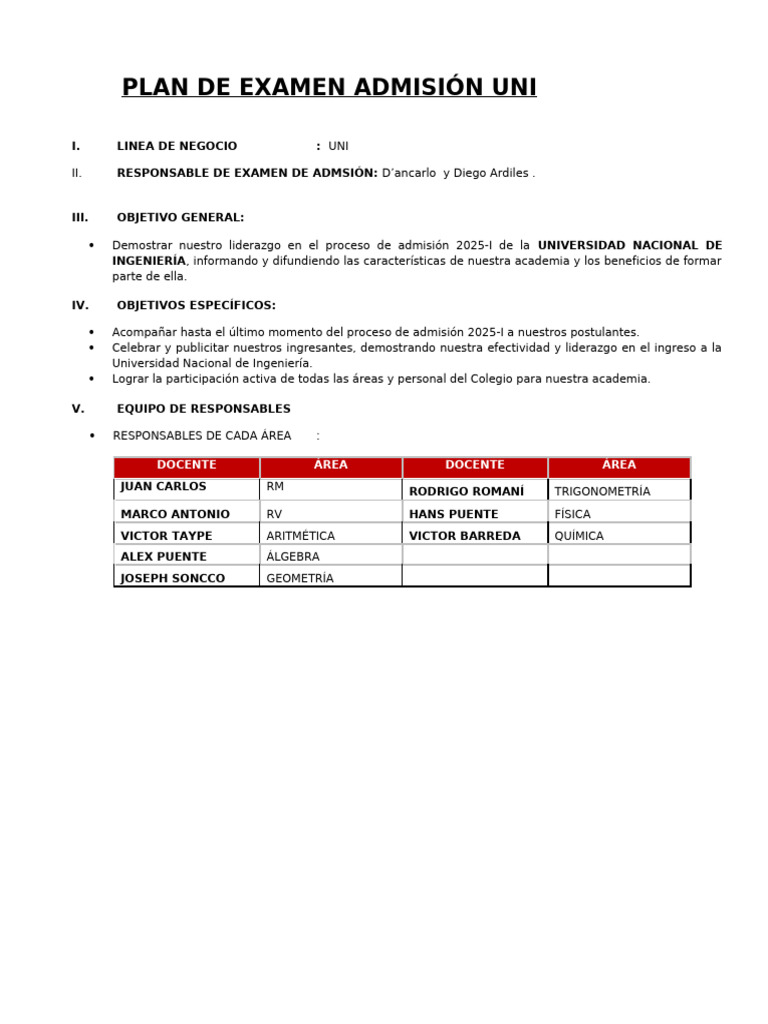 Plan de Examen Admisión Uni - 21 | PDF