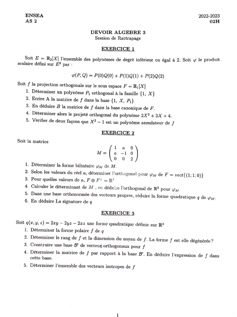 Devoir Rattrapage Algèbre 3 | PDF
