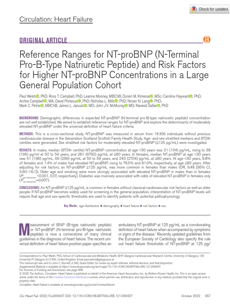 Welsh Et Al 2022 Reference Ranges for Nt Probnp (n Terminal Pro b Type ...