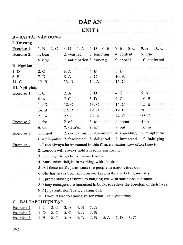 Answer UNIT1-UNIT 7 Sách Nâng Cao8 | PDF