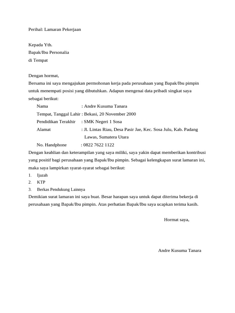 Lamaran Kerja Andre Kusuma Tanara | PDF