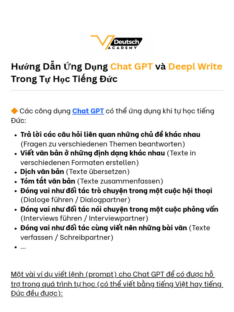 Hướng Dẫn Ứng Dụng Chat GPT và Deepl Write Trong Tự Học Tiếng Đức (1) | PDF